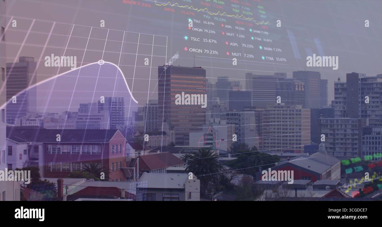 Displaying central office towers over urban skyline with graph, bar ...