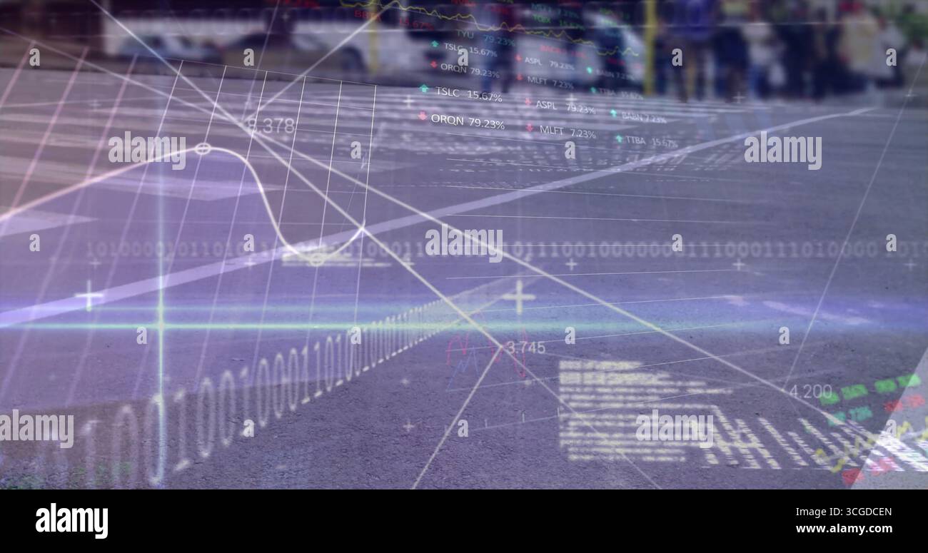 Streaming digital data overlays and binary code on urban street ...