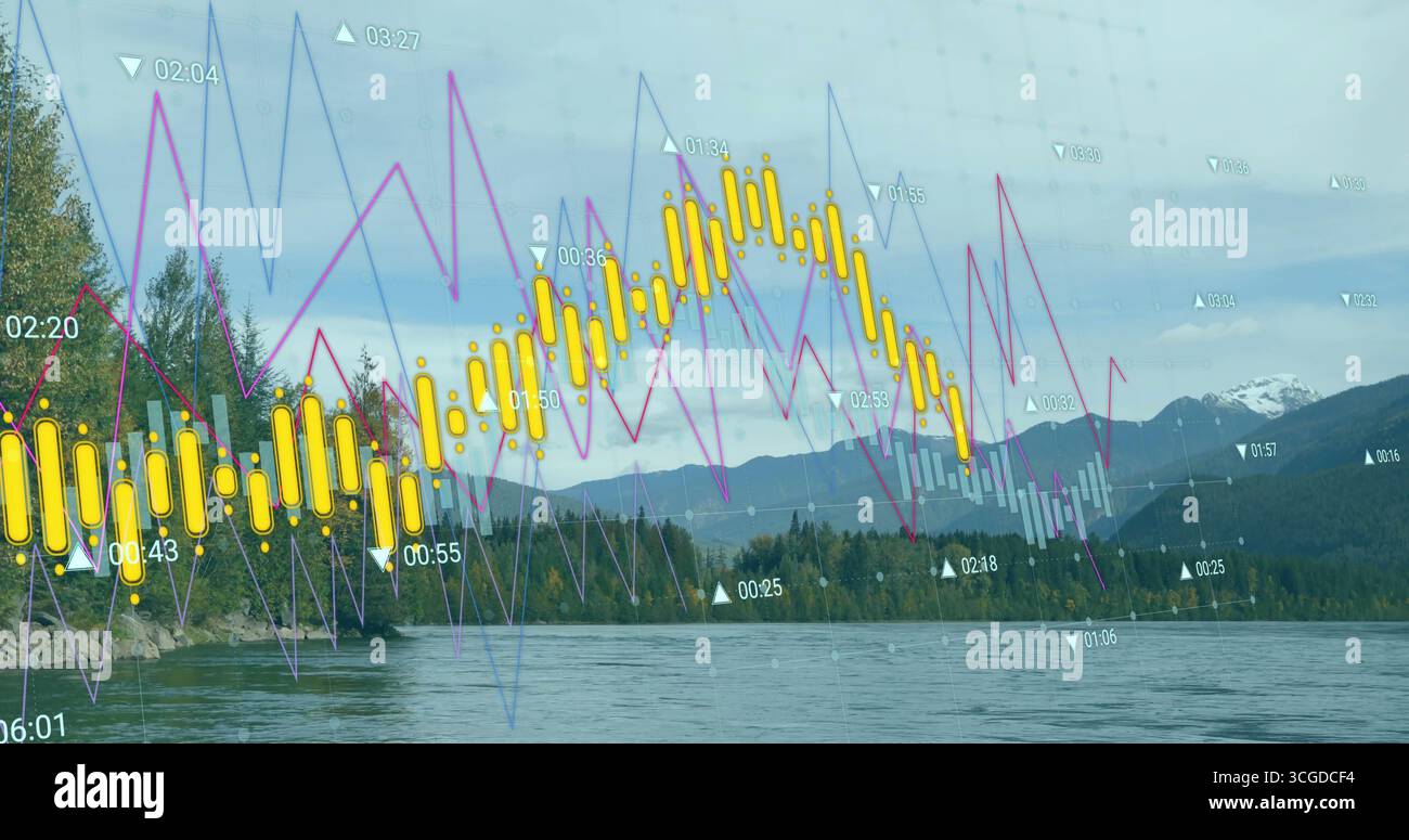 Digital data overlay appearing in lake and mountain, with yellow bars ...