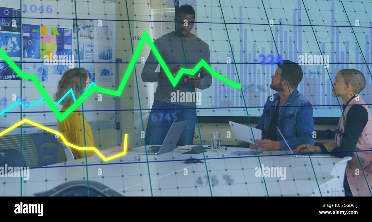 Presenting male executive holding smartphone explaining financial ...