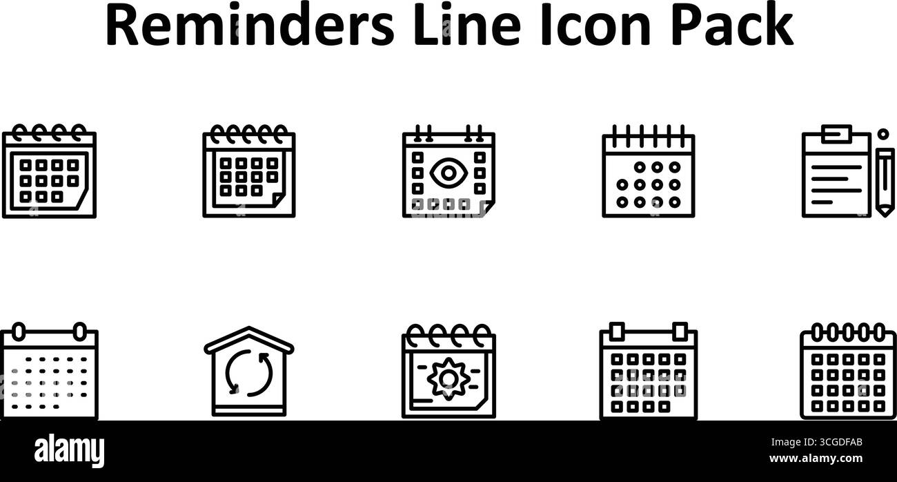 A pack of 10 Thin Line-style icons themed around Reminders. Suitable ...