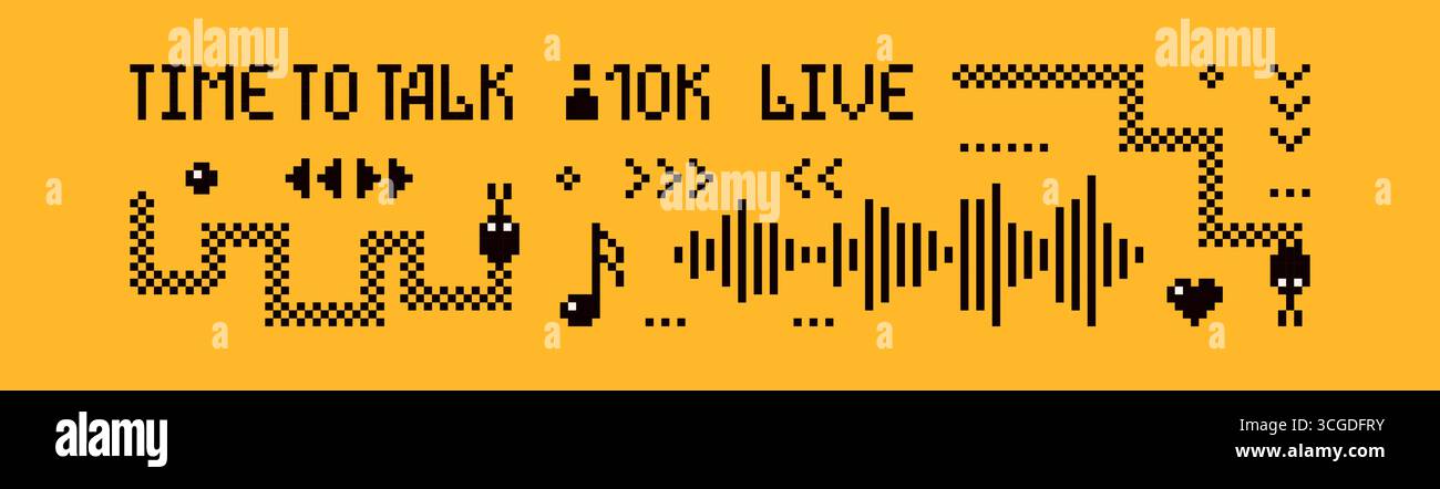 Dark pixel podcast elements. Set with 8 bit Y2K icons. Snake, record ...