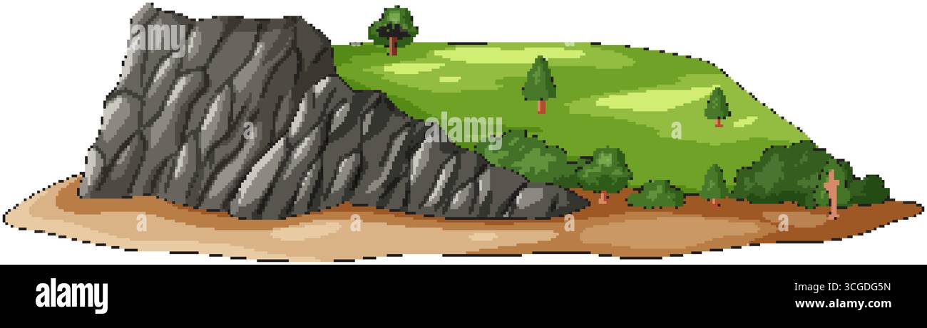 Cartoon vector landscape with jagged rock cliff, grassy hill, scattered ...