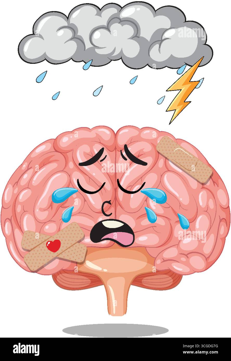 Sad cartoon brain with bandages, tears, and storm cloud, symbolizing ...