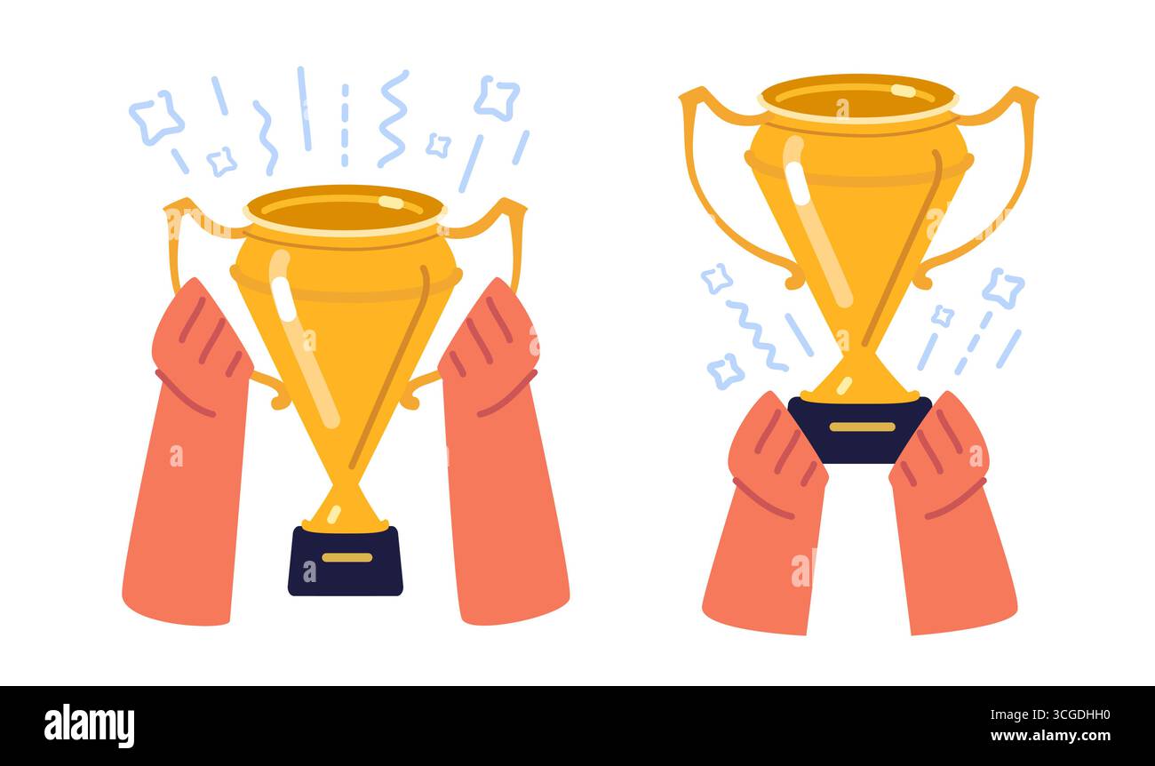Hands holding gold trophy cup. Award ceremony, winner, first place ...