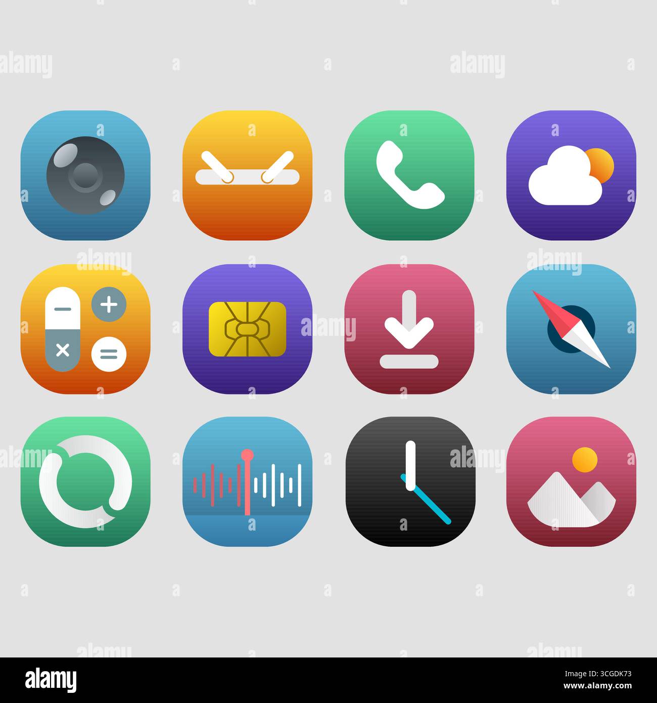 A modern collection of 12 colorful flat mobile app icons featuring ...