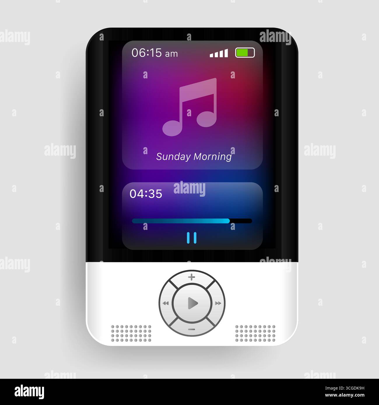 A sleek white digital MP3 player featuring a crisp LCD display showing ...