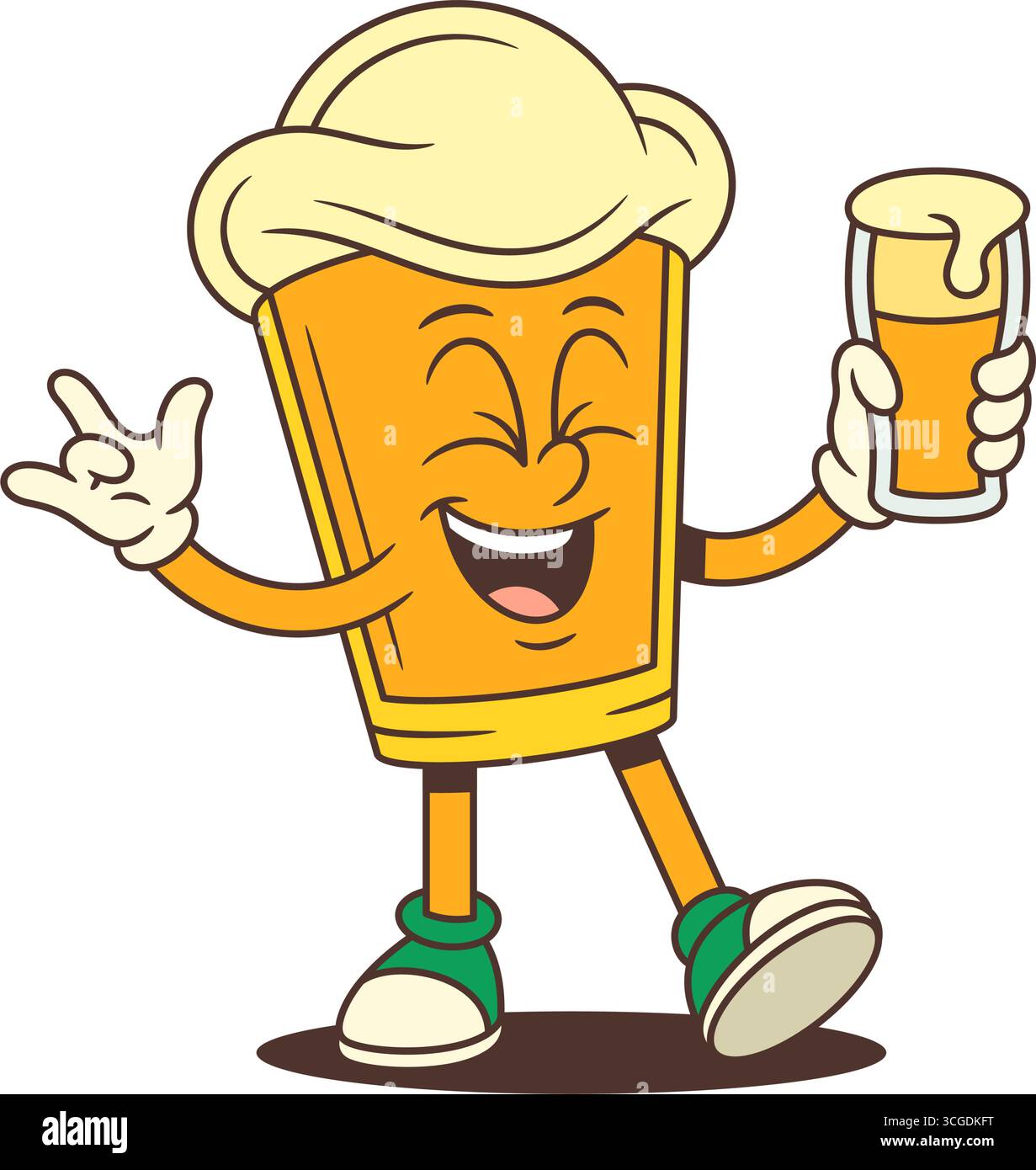 Joyful cartoon beer glass mascot with large foam head laughing with ...
