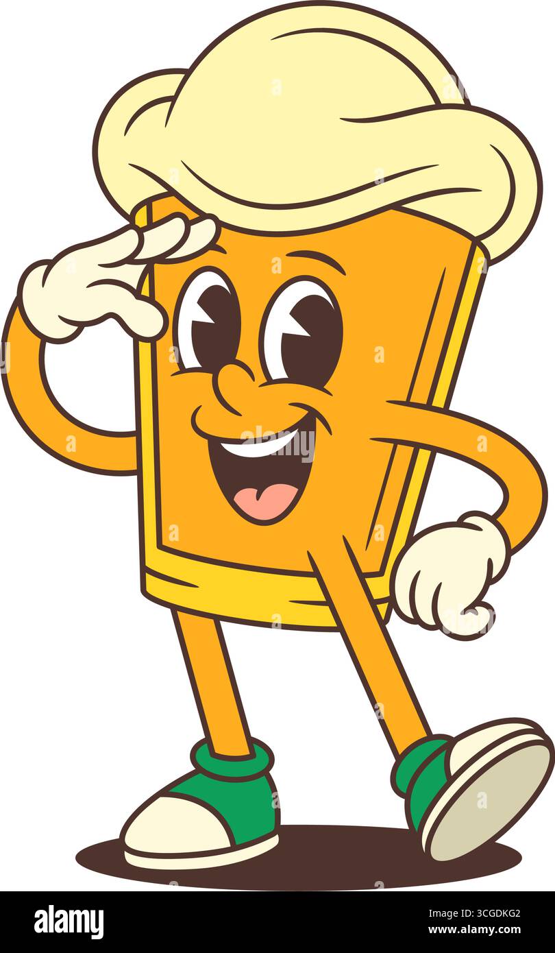 Joyful cartoon beer glass mascot with large foam head saluting with one ...