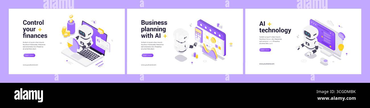 Isometric web banners featuring AI robots managing finances, business ...