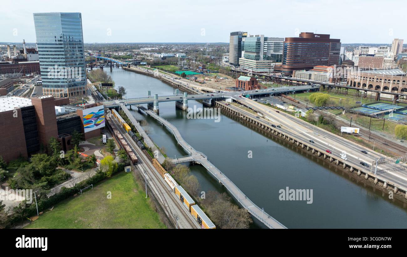 Aerial view of the Schuylkill River snaking through the city, bridges ...