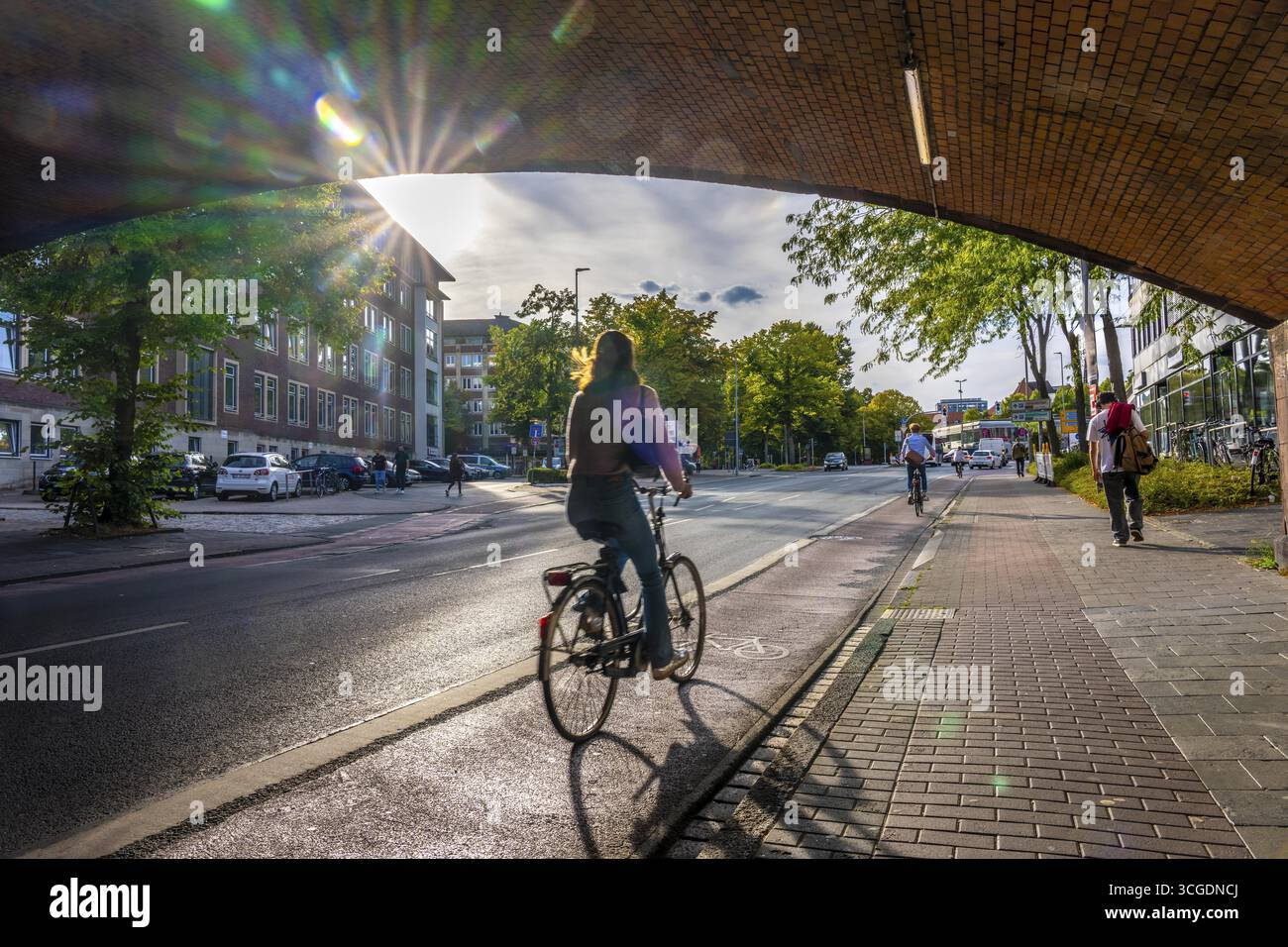Cycle traffic in Muenster, cycle path on Wolbecker Strasse, tunnel ...