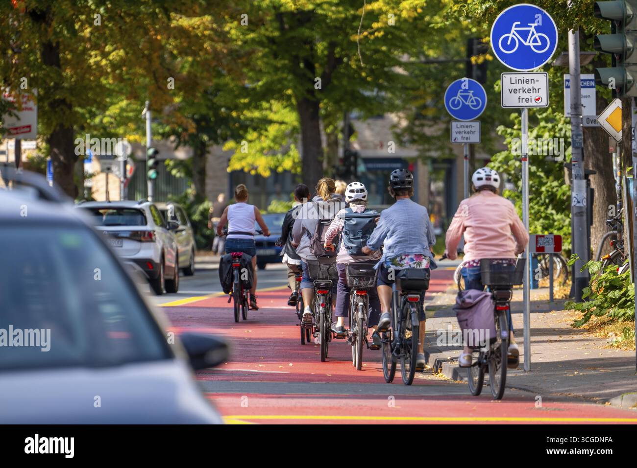 Cycle traffic in Muenster, Warendorf Strasse, broadly marked red ...