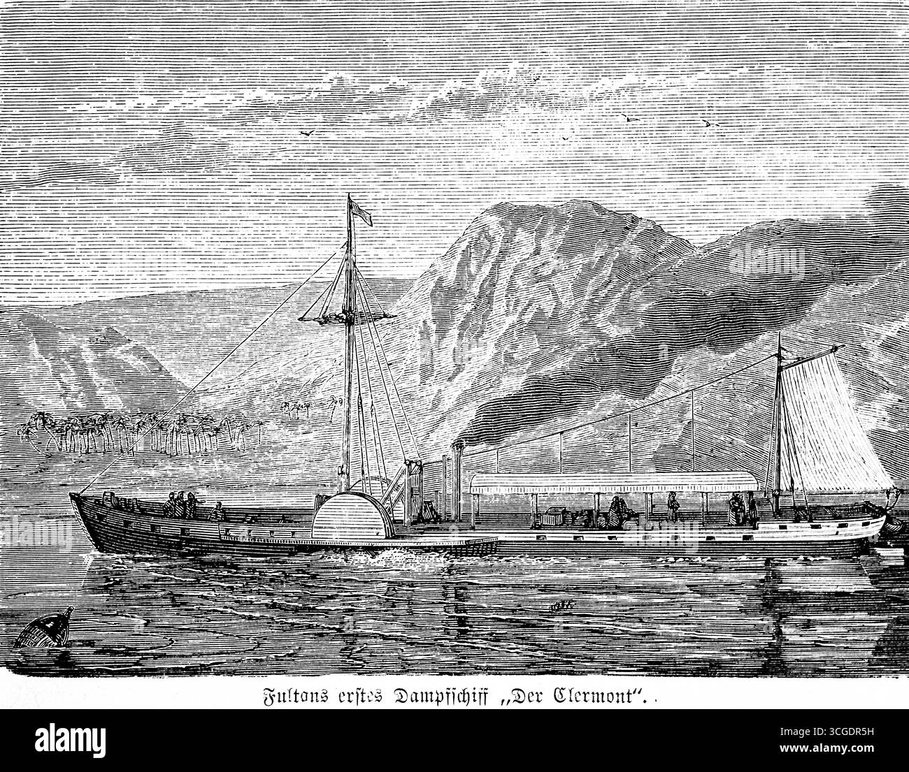 Fulton's first steamboat The Clermont on the Hudson River between New ...