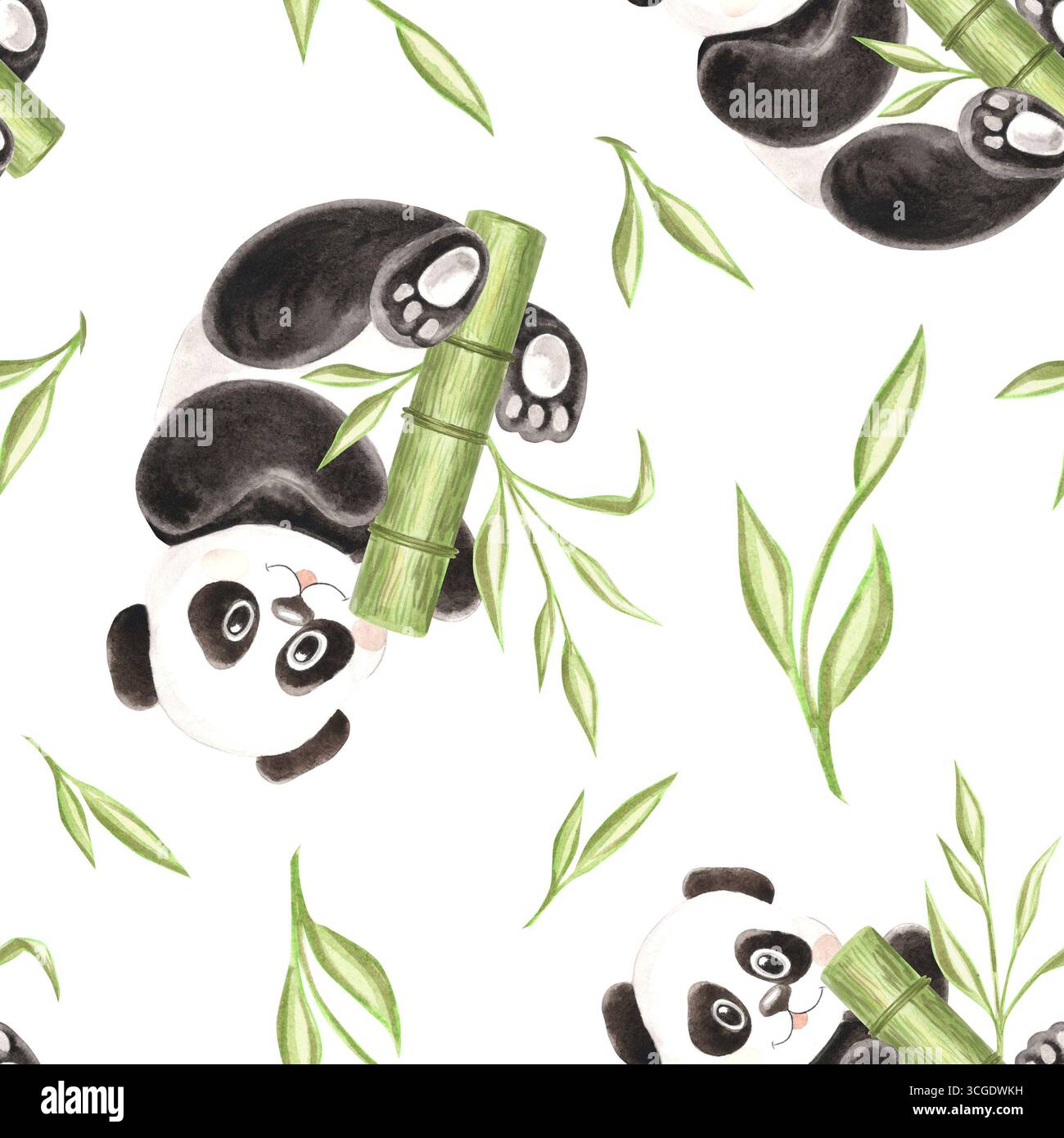 Cute baby pandas with green bamboo watercolor seamless pattern for kids ...