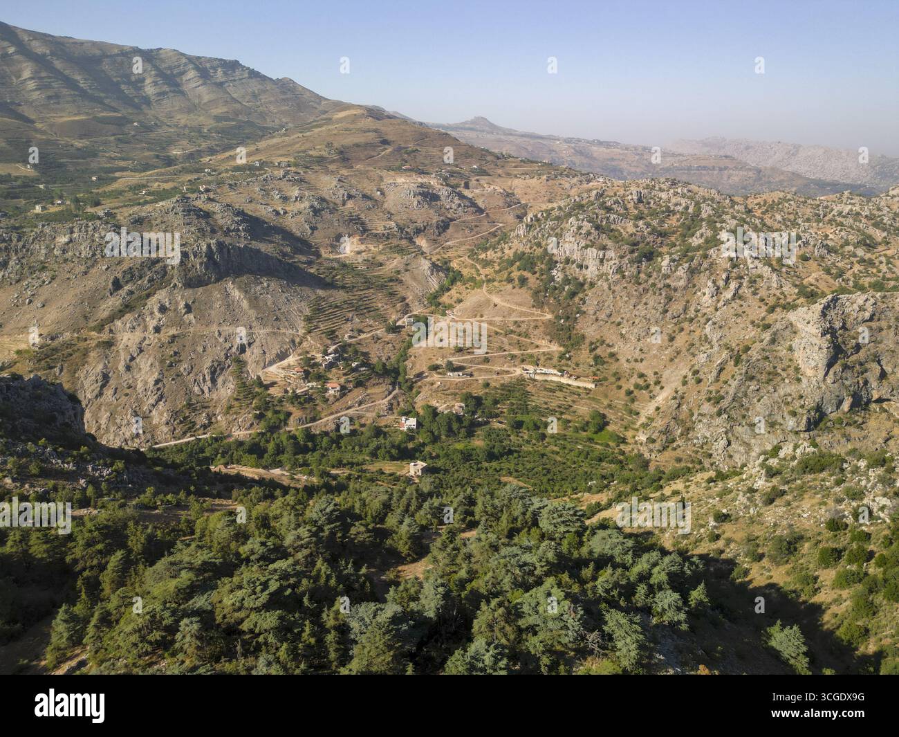 Aerial view of sun-kissed, rugged mountains embracing a vibrant green ...
