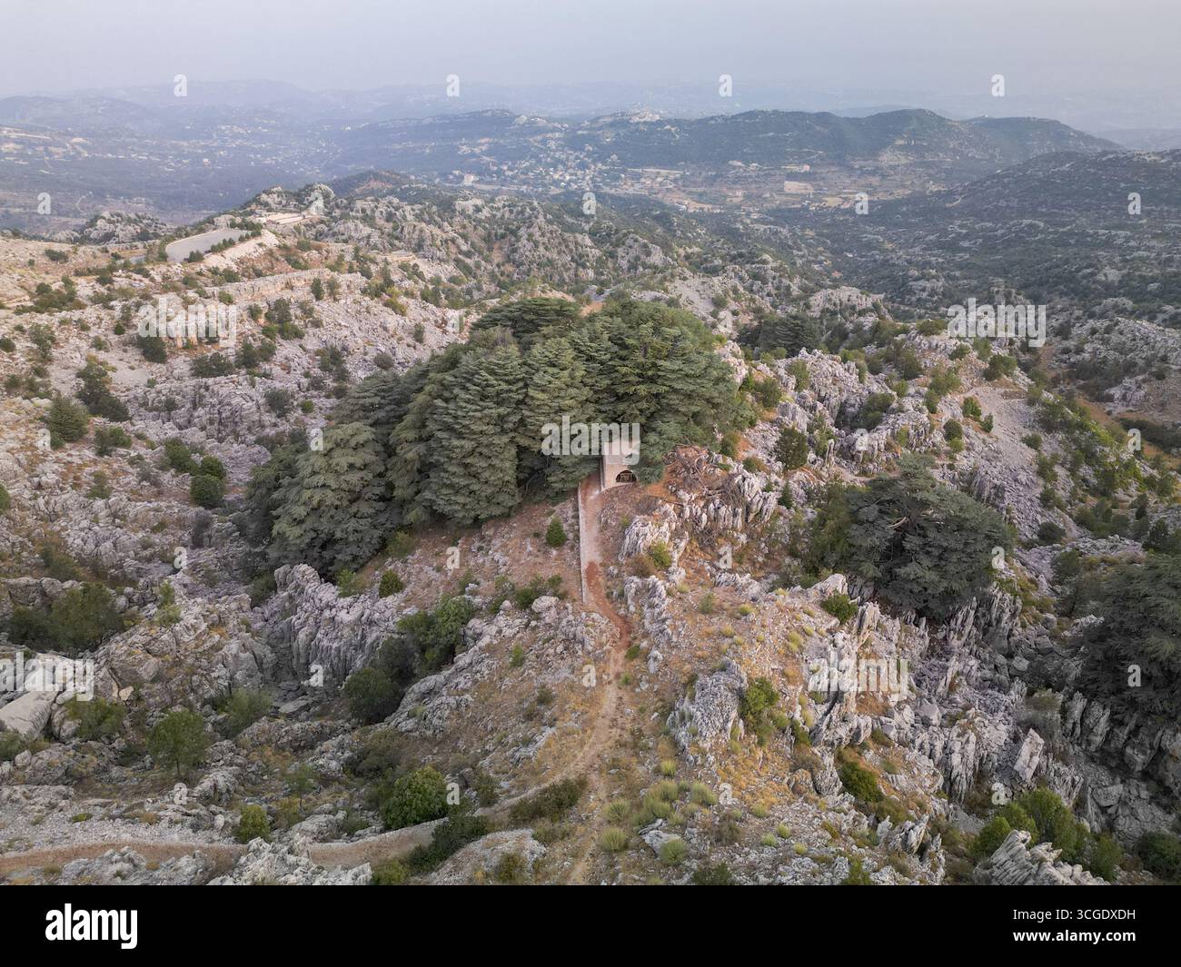 Aerial view of a rugged landscape where rocky outcrops meet dense ...