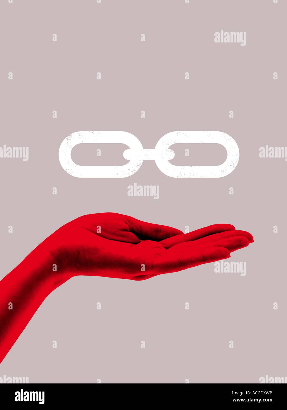 Colorful collage. Red hand holding broken chain link symbolizing ...