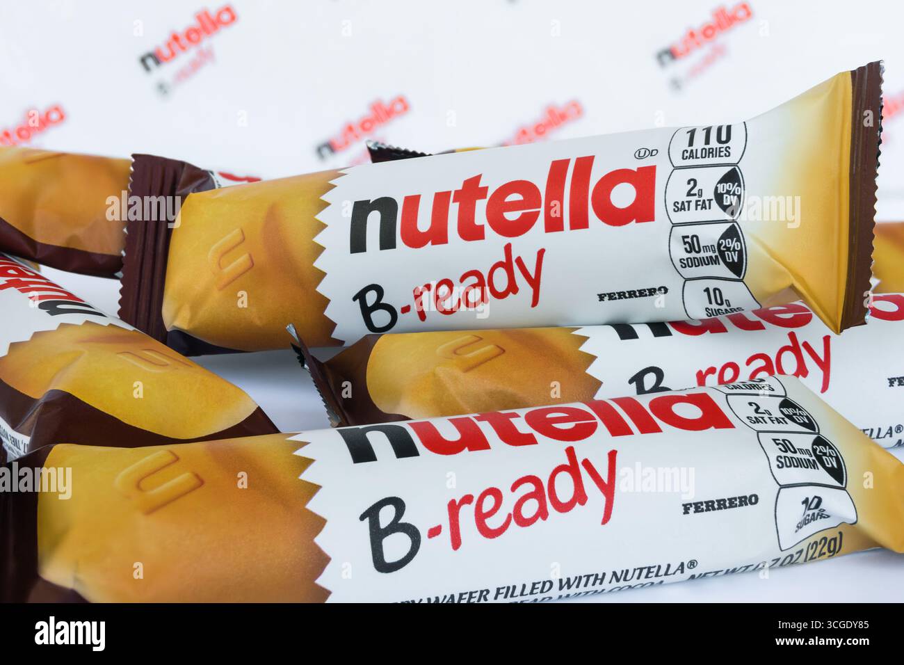 Close-up of a pile of Nutella B-ready bars. Crispy wafer filled with ...