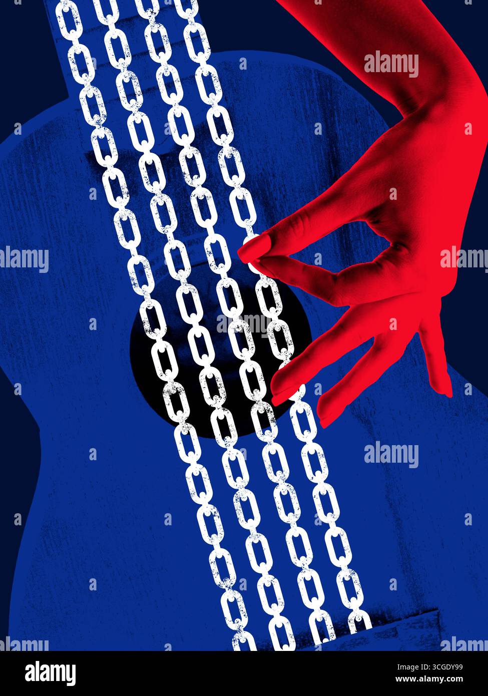 Bold digital artwork. Red hand playing guitar with strings made of ...