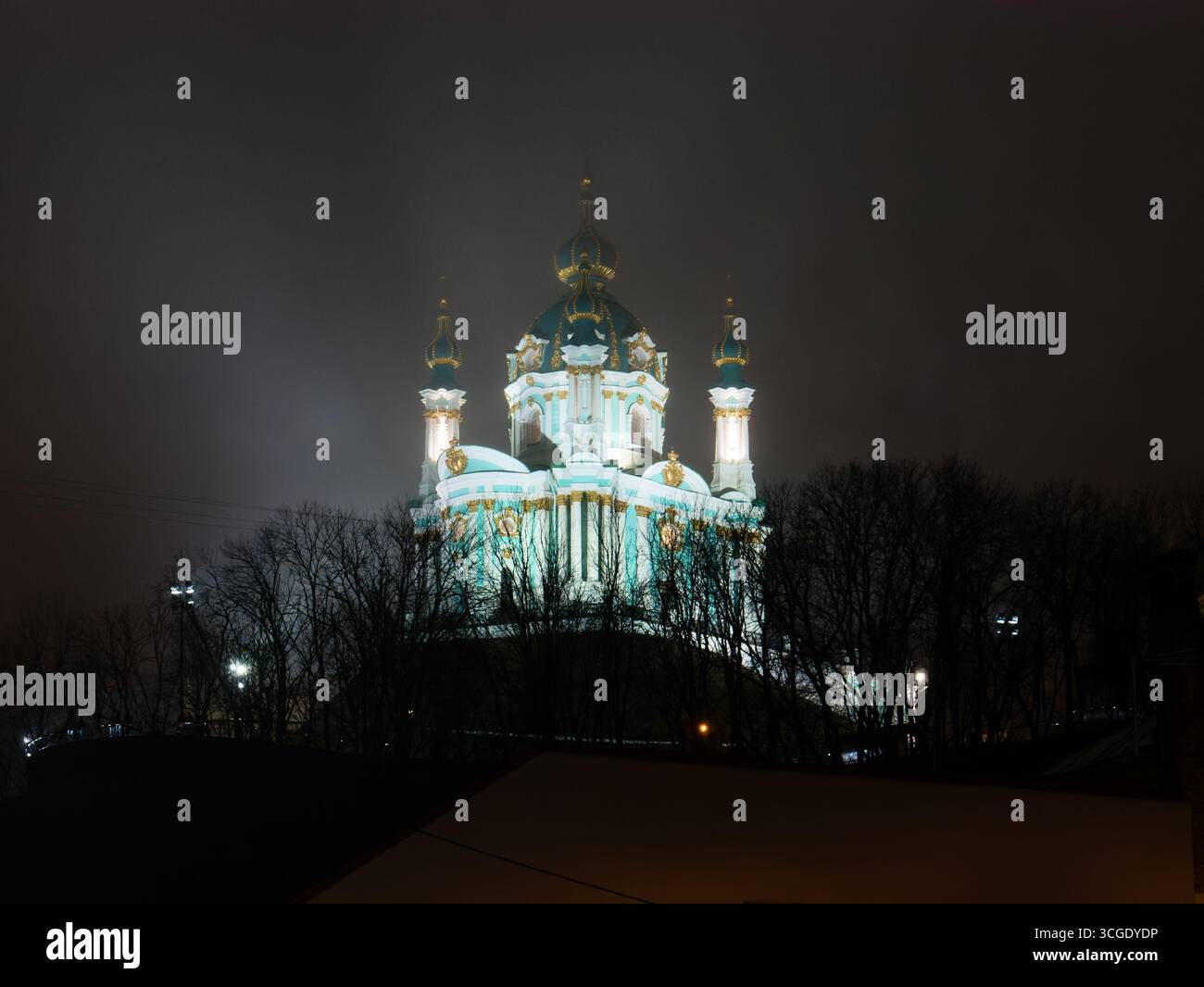 Illuminated by spotlights, St. Andrew's Church is an Orthodox cathedral ...