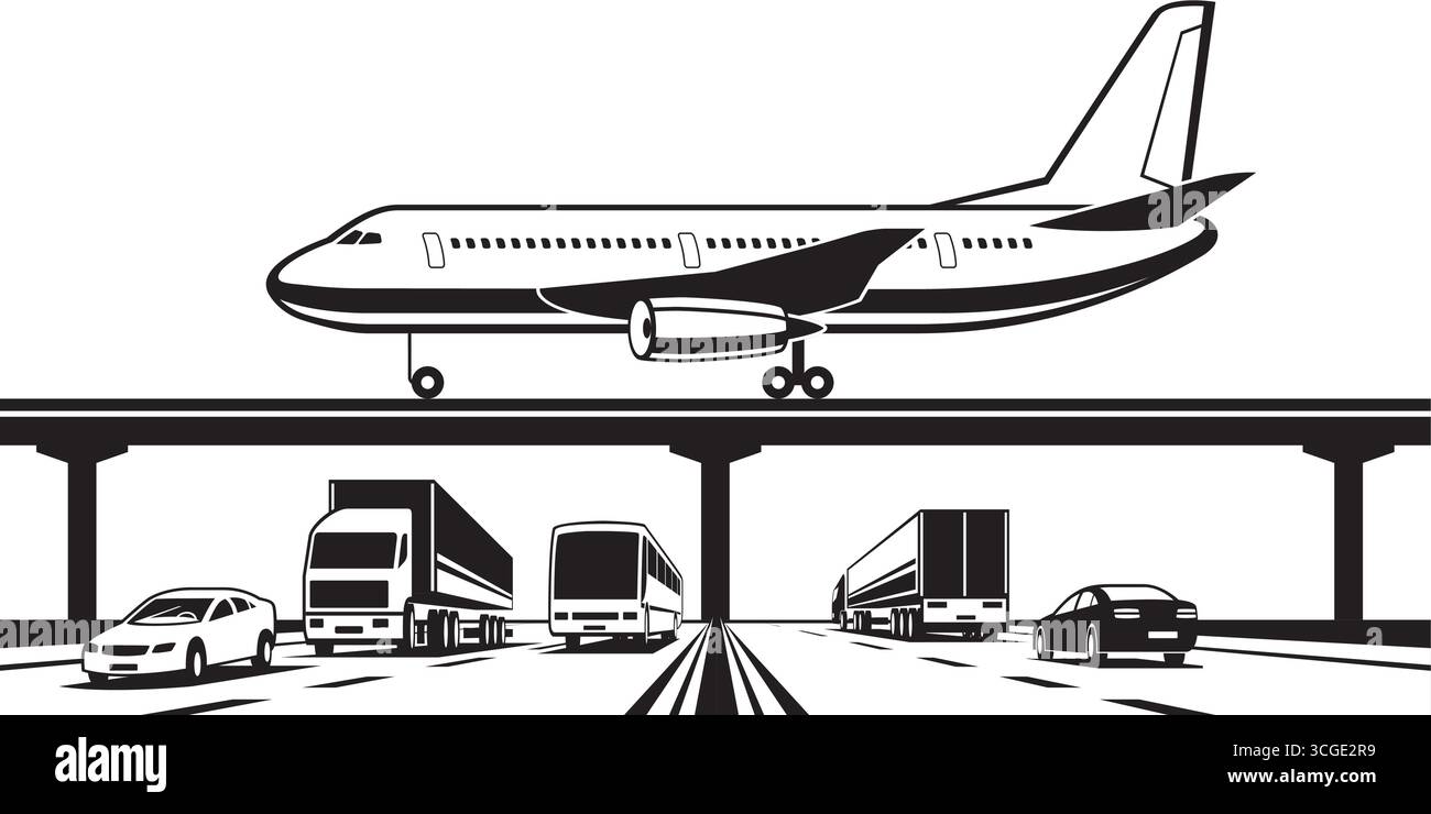 Passenger airplane overpassing highway – vector illustration Stock ...