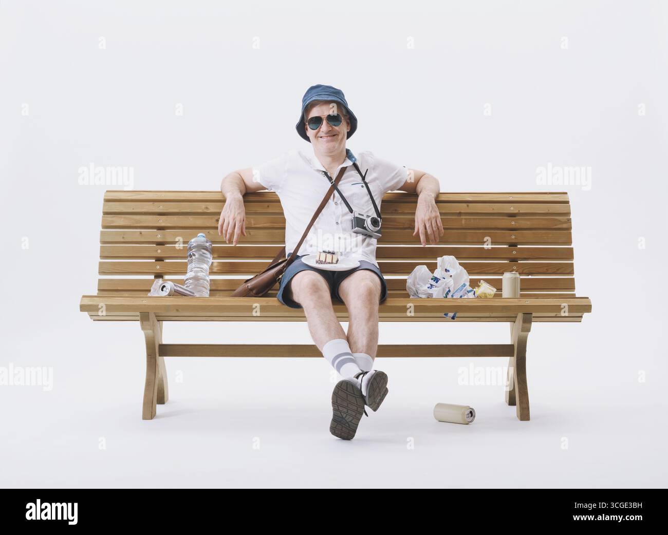 Rude and boorish tourist sitting on a bench full of garbage on white ...