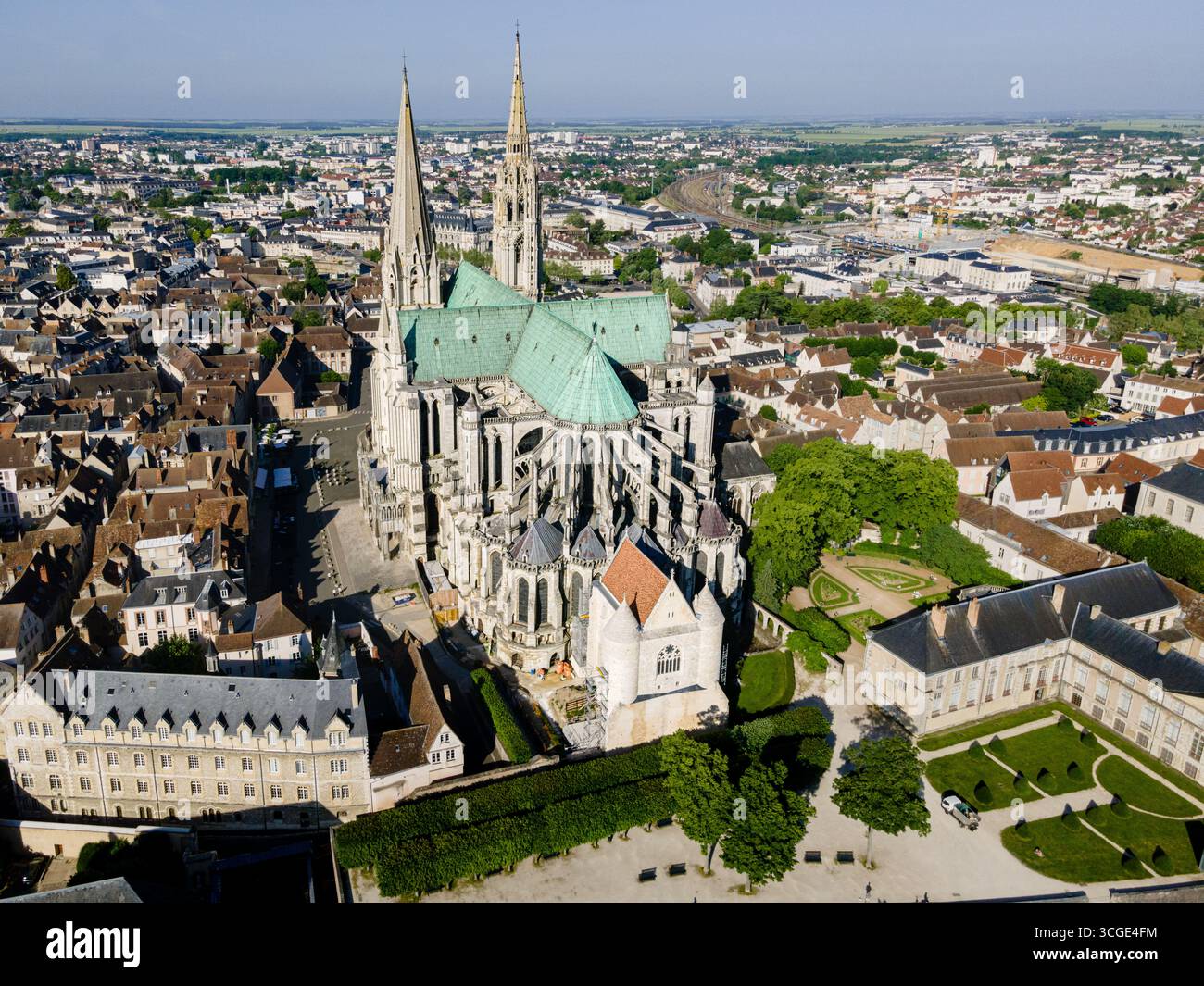 Aerial view of Chartres Cathedral in Chartres, France, along with the ...