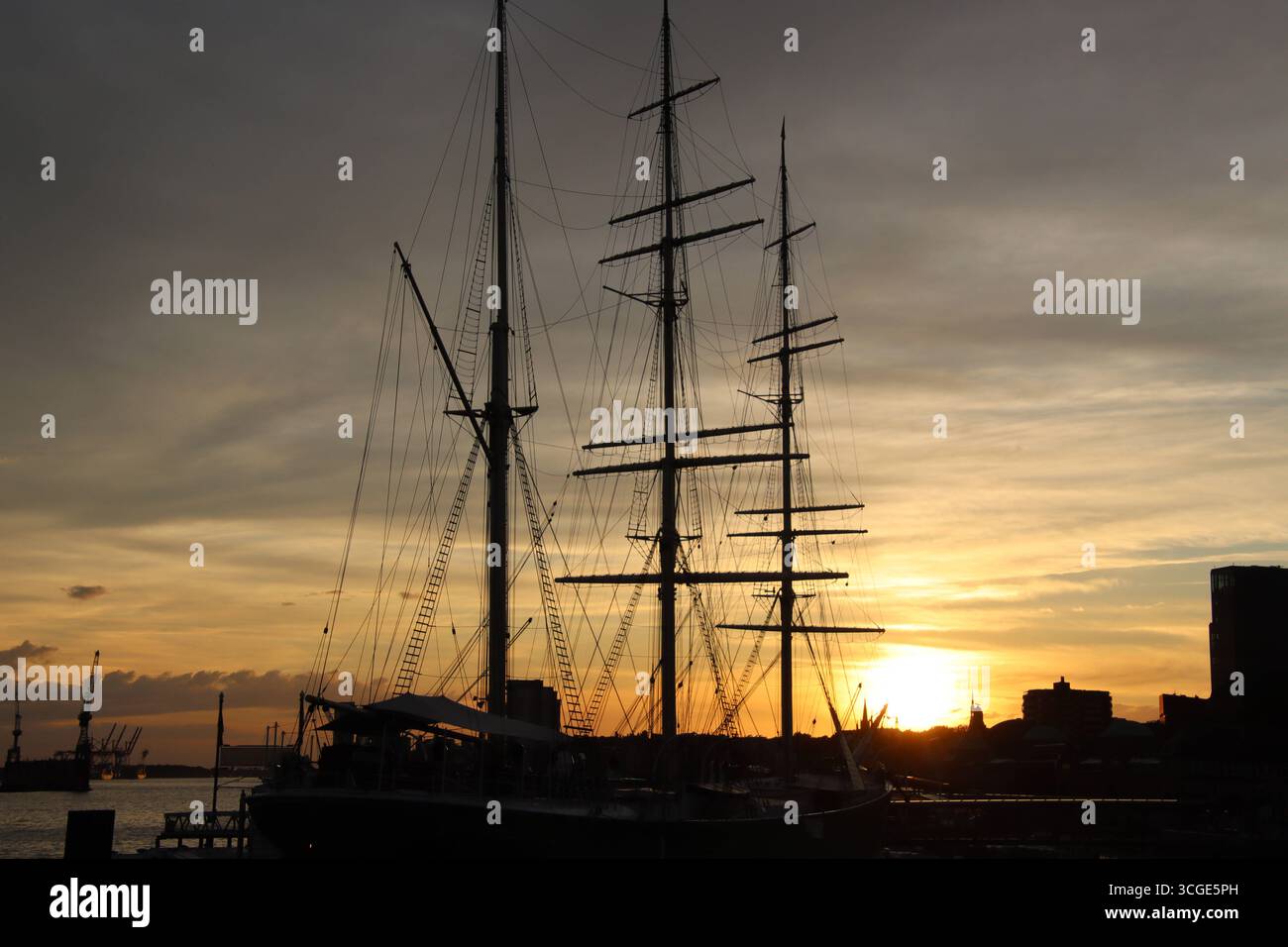 Sommerabend im Hamburger Hafen: Masten und Rahen der Rickmer Rickmers ...