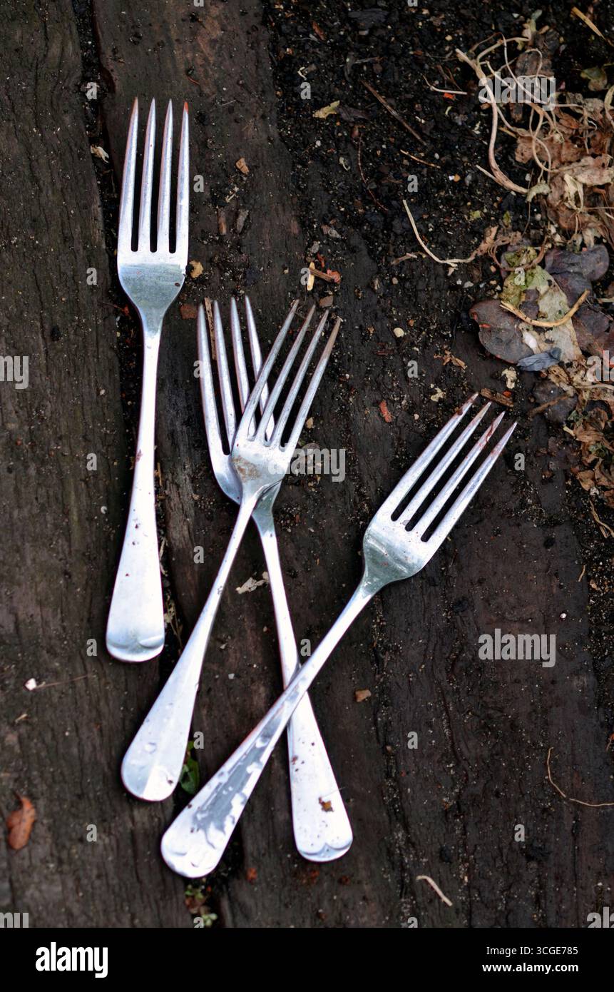 stainless steel dinner forks thrown on to ground Stock Photo - Alamy