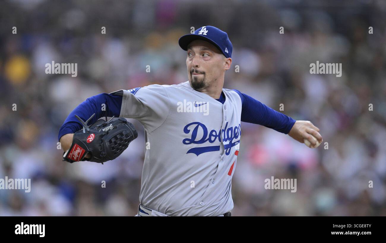 Los Angeles Dodgers starting pitcher Blake Snell works against a San ...