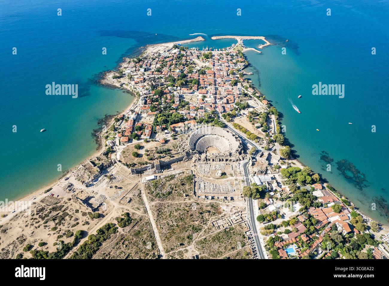 Aerial view of ancient Side town, Antalya Province, Turkey Stock Photo ...