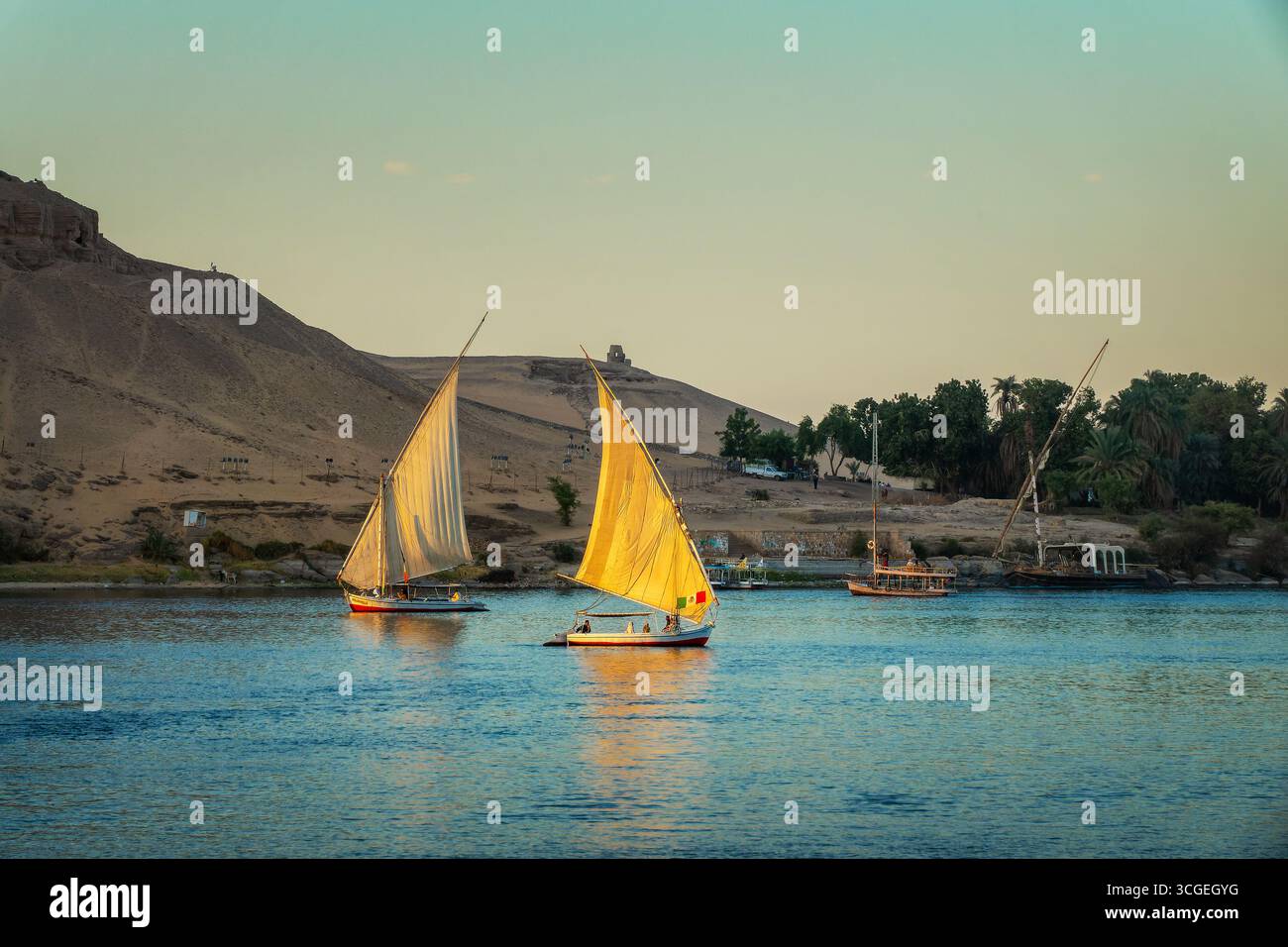 Feluccas (traditinal egyptian sailing boat) on the Nile river at sunset ...