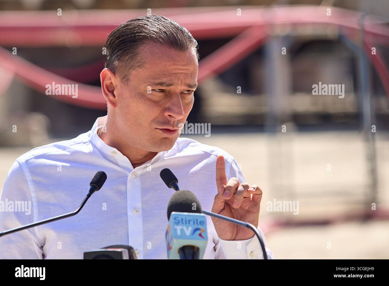 Bucharest, Romania. 28th Aug, 2025: Sector 4 Mayor Daniel Baluta speaks ...