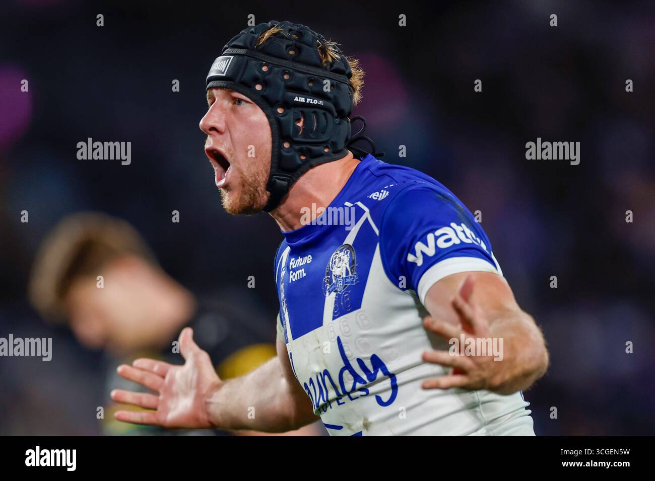 Matt Burton of the Bulldogs celebrates scoring a try during the Round ...