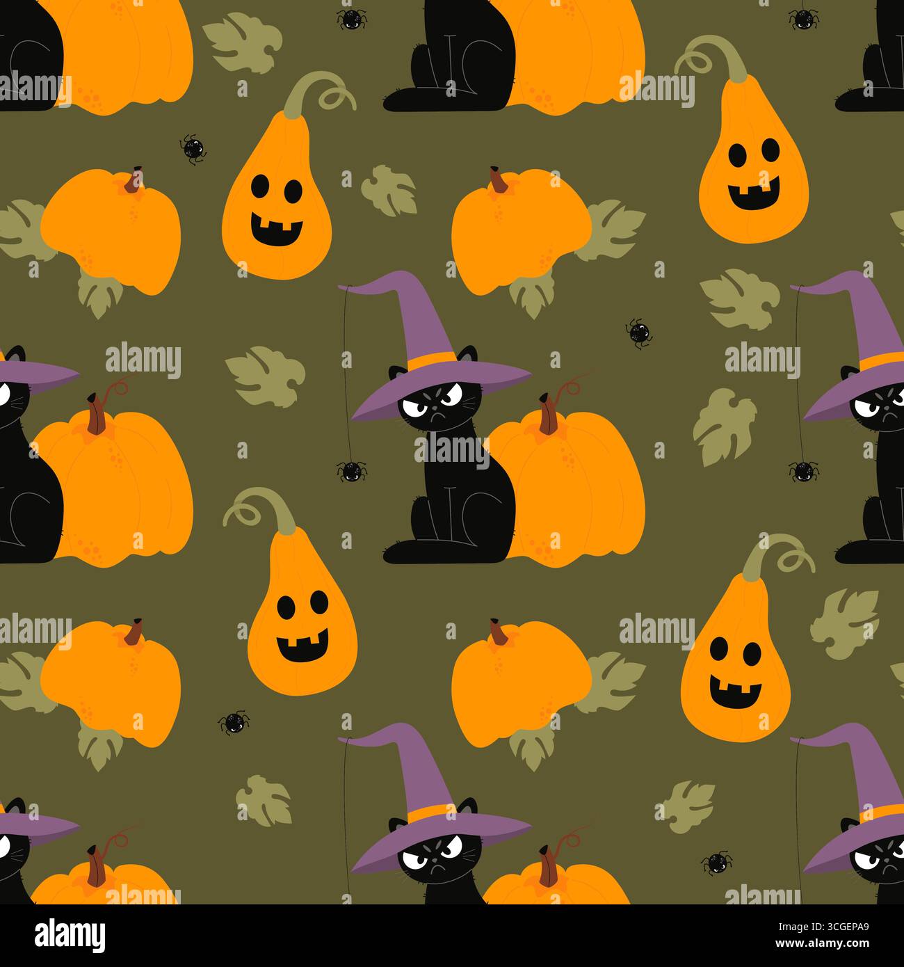 Halloween Seamless pattern. Angry Sad Black Cat in Witch Hat With ...