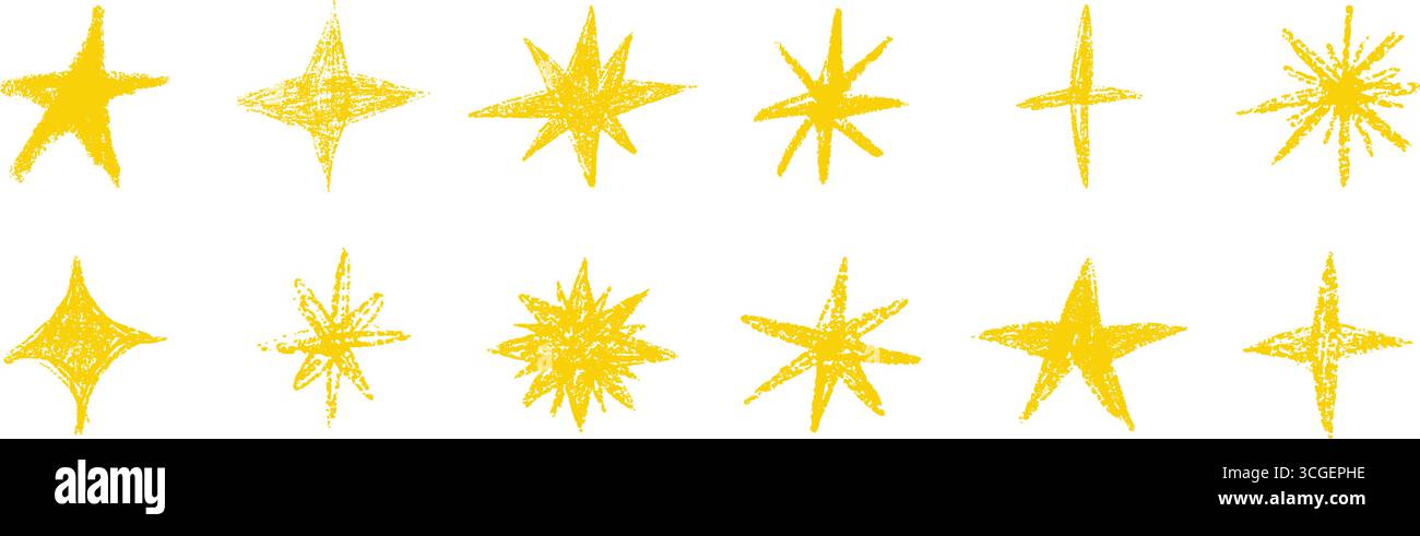 Cute wax crayon stars drawn kid's style. Kindergarten chalk pencil ...