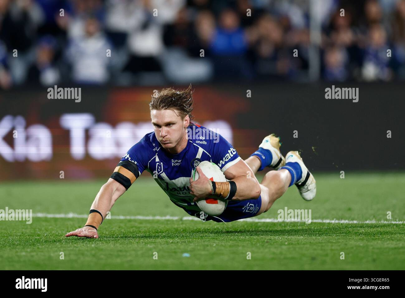 Jacob Preston of the Bulldogs scores his third try during the Round 26 ...