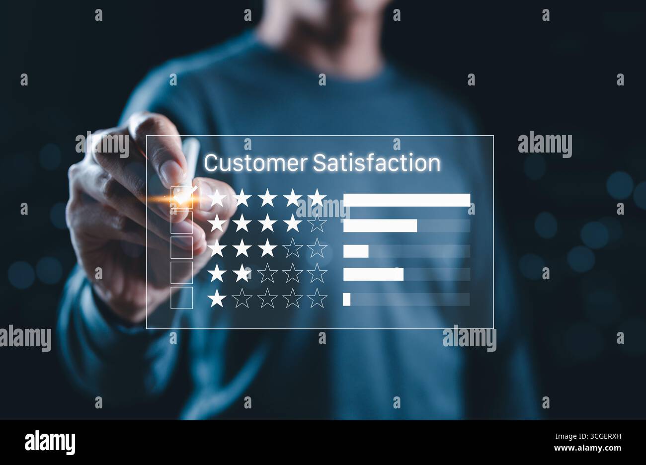 Customer satisfaction rating concept with a person selecting stars on a ...