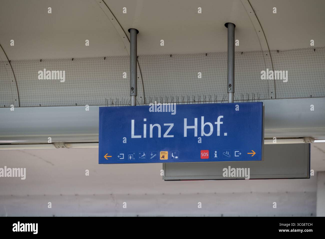 Sign for Linz Hauptbahnhof (Hbf), main train station in Linz, Austria ...