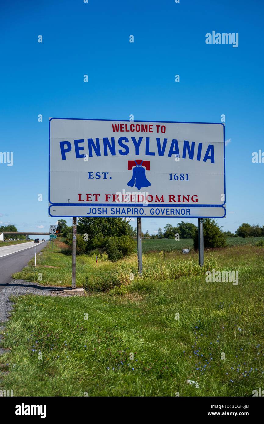 GETTYSBURG, PA, USA - AUGUST 27, 2025: The Welcome to Pennsylvania sign ...