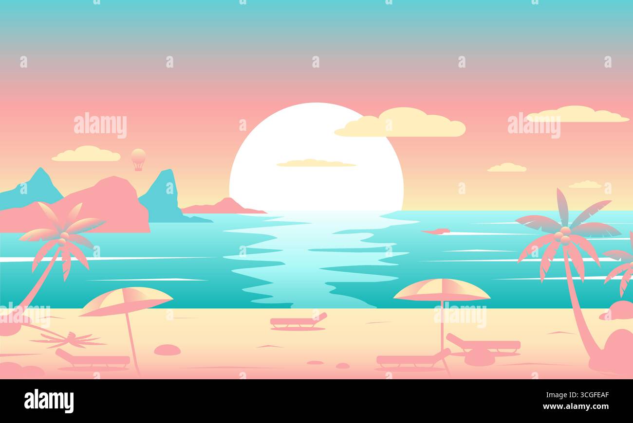 Tropical beach vector illustration with palm trees, umbrellas, sun ...