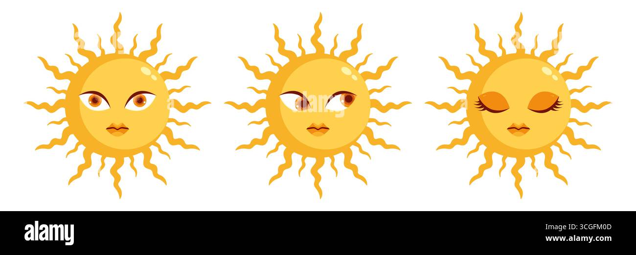 Set of cartoon sun characters. Sun icons with human face. Flat style ...