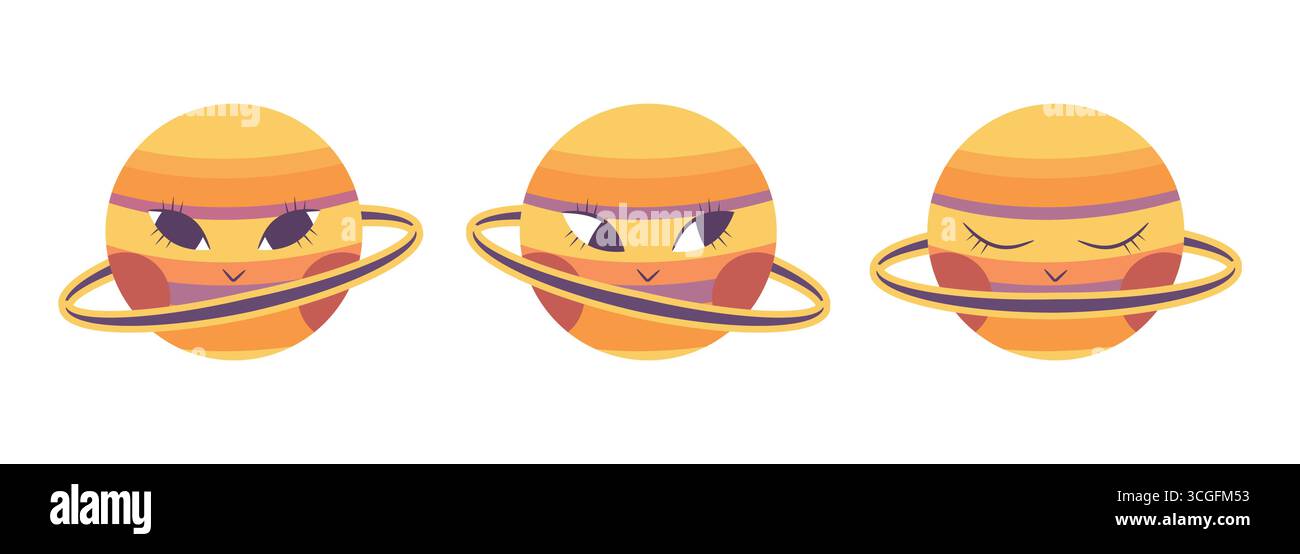 Cute boho Saturn planet characters. Cartoon Saturn set. Vector ...