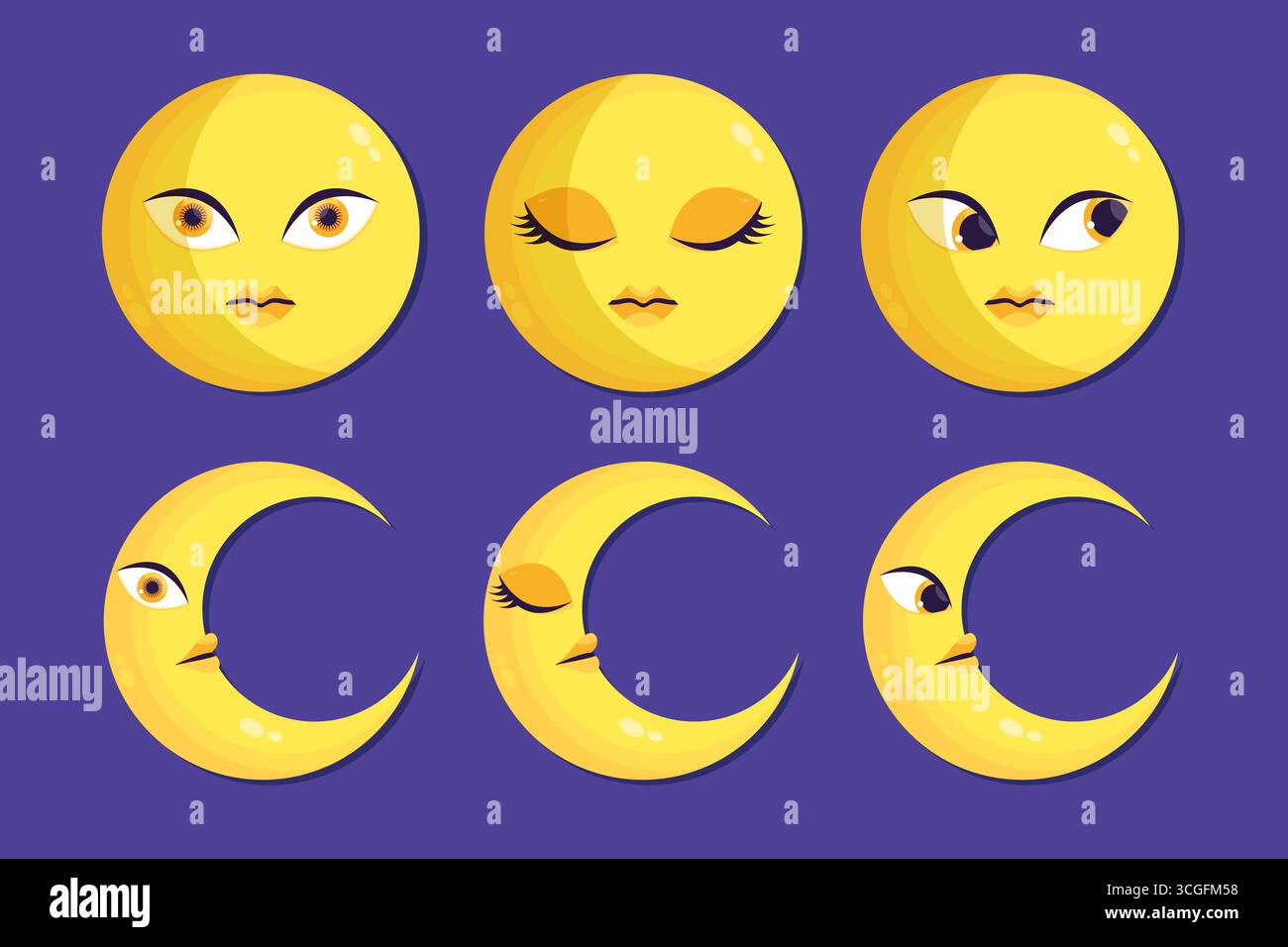 Set of moon and crescent characters. Cartoon crescent and moon icons in ...