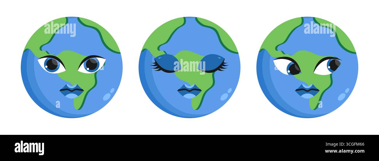 Set of flat Earth planet icons with human face. Cartoon Earth planet ...