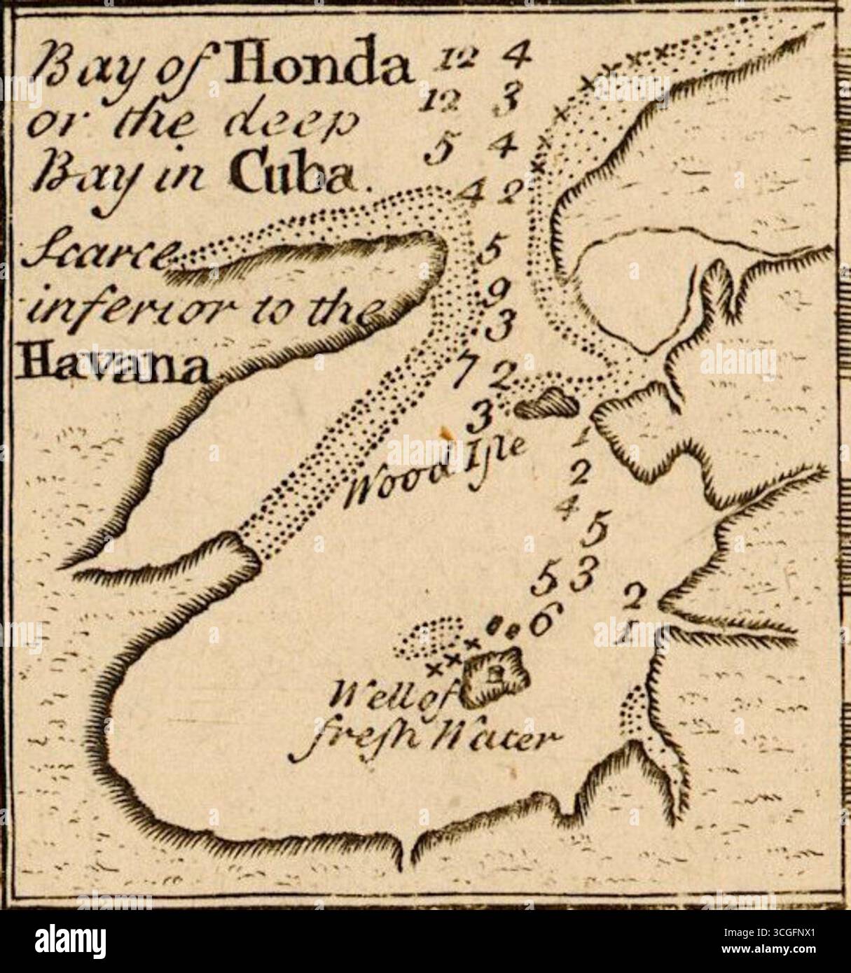 Historical map of the Bay of Honda, Cuba, published in 1740 during the ...