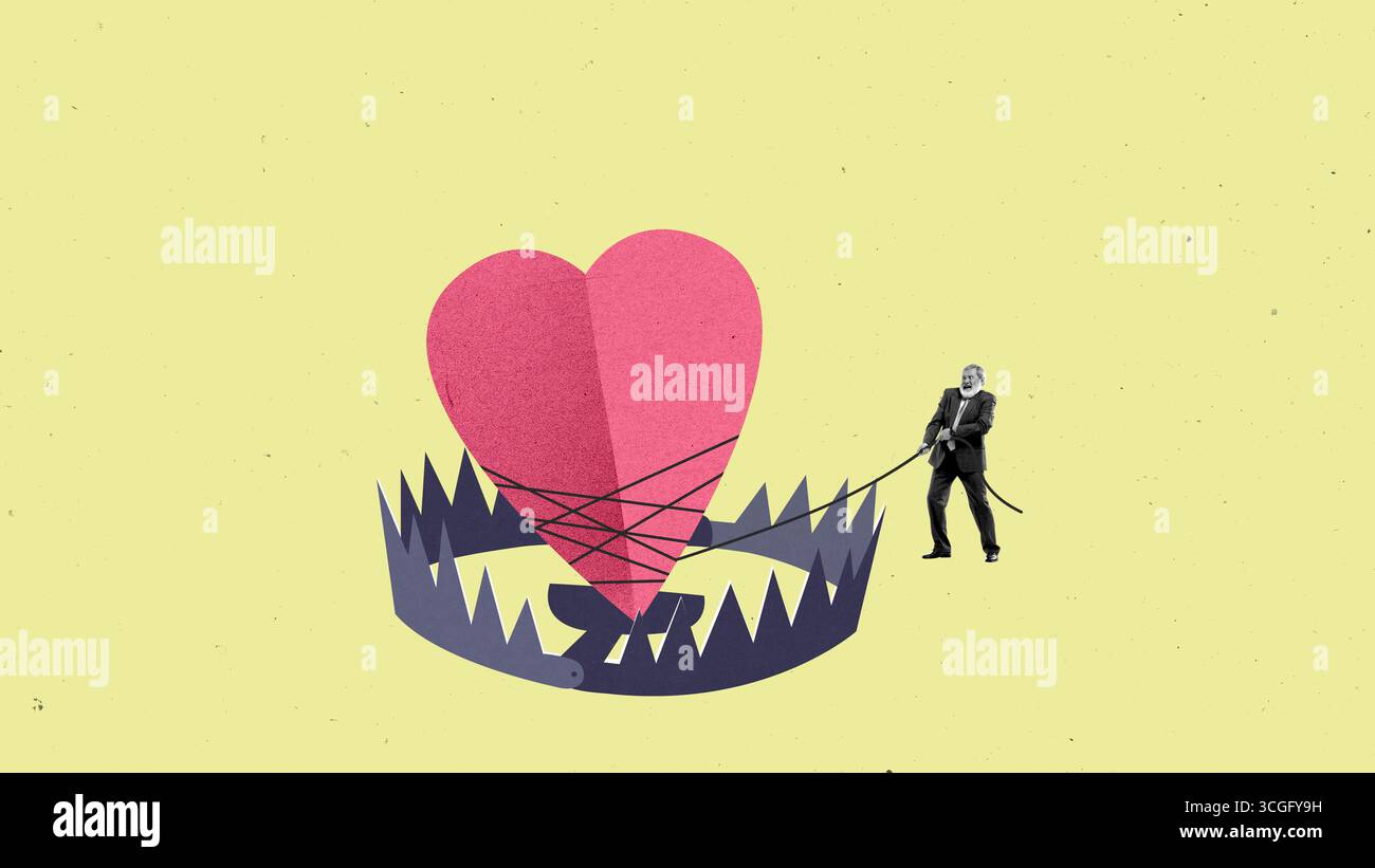 Creative digital artwork. Businessman pulling giant heart caught inside ...