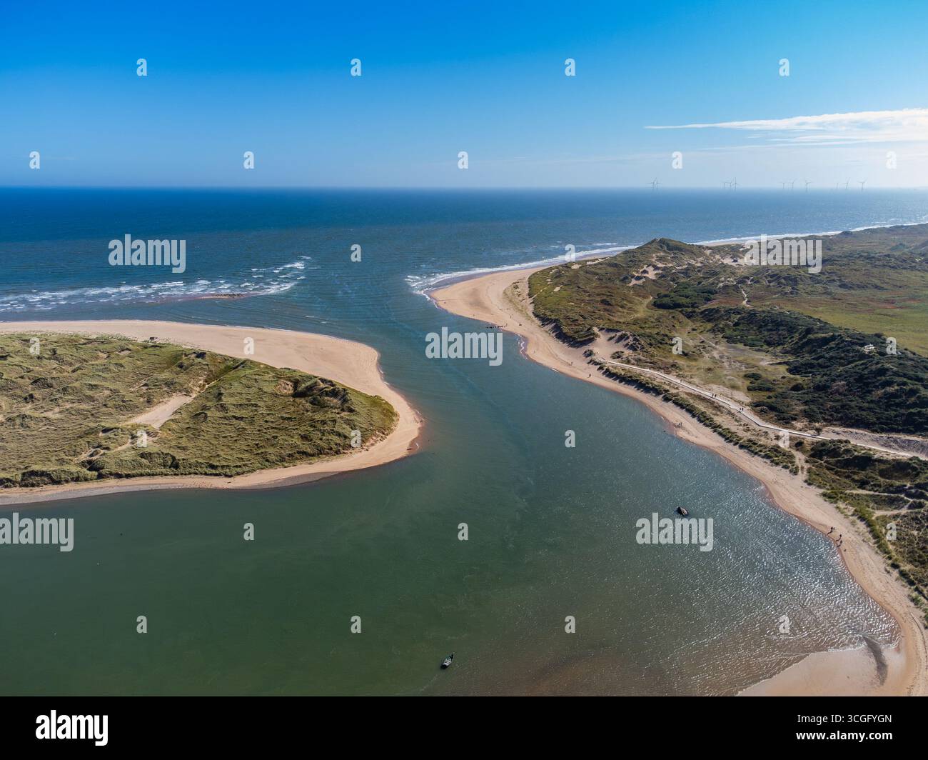 Aerial view by drone of the Ythan Estuary at the village of Newburgh ...