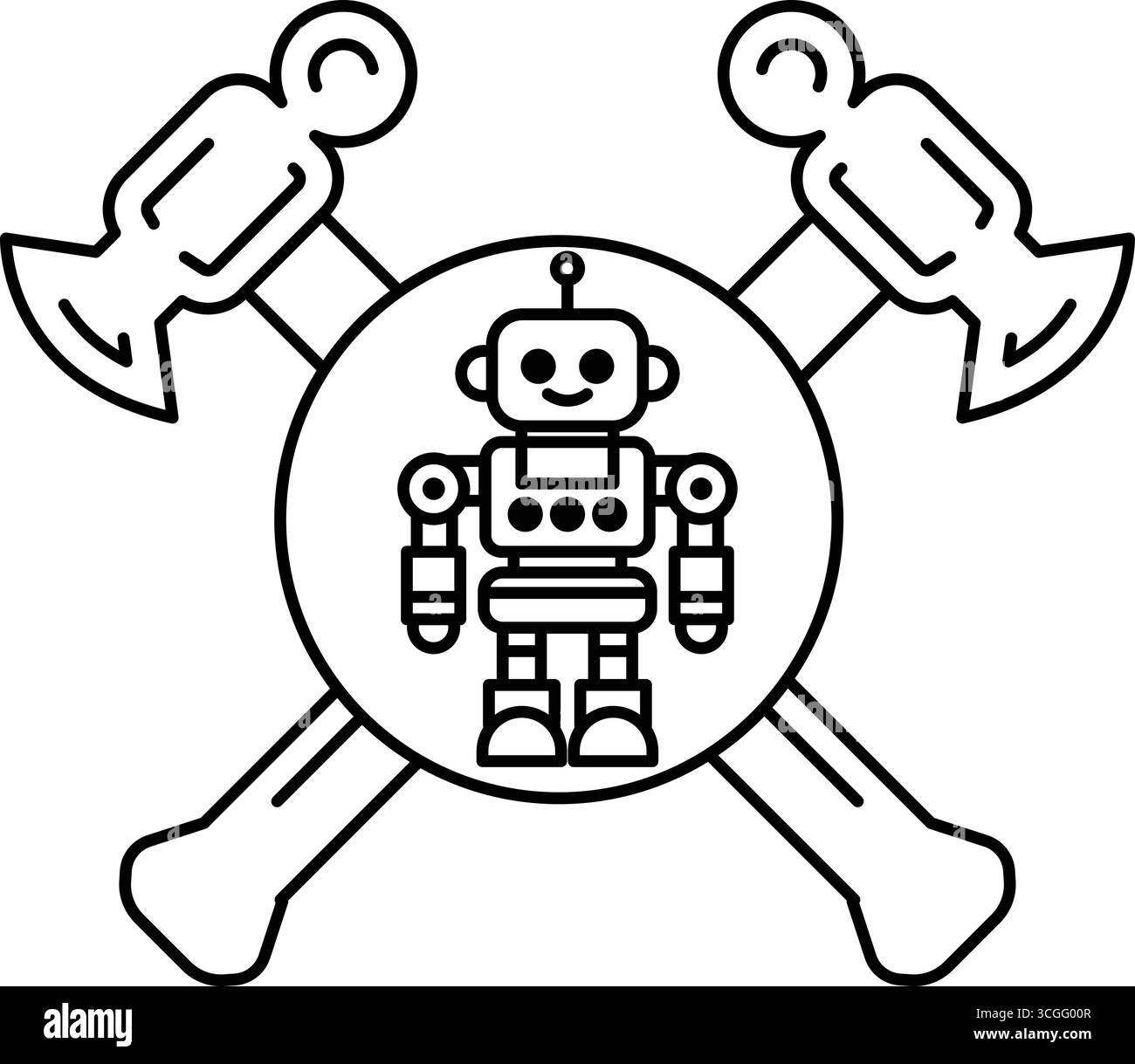 A robot is standing in the middle of a cross with a hammer and an axe ...